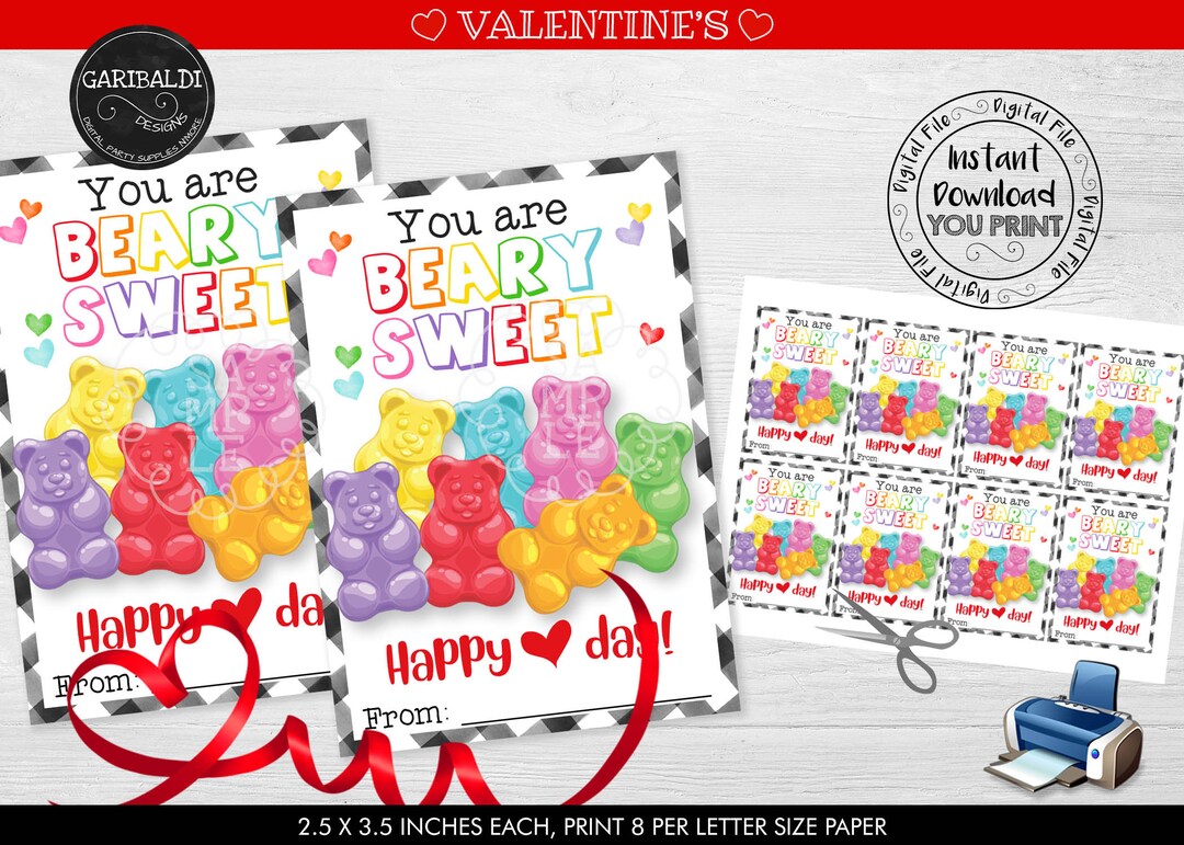 Printable Gummy Bears Valentine's Day Cards, School Valentine's Day Tag ...
