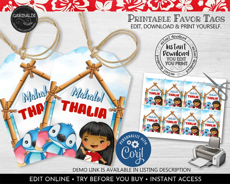 Editable Hawaiian Favor Tags Luau Gift Tag Instant Download Stitch ...
