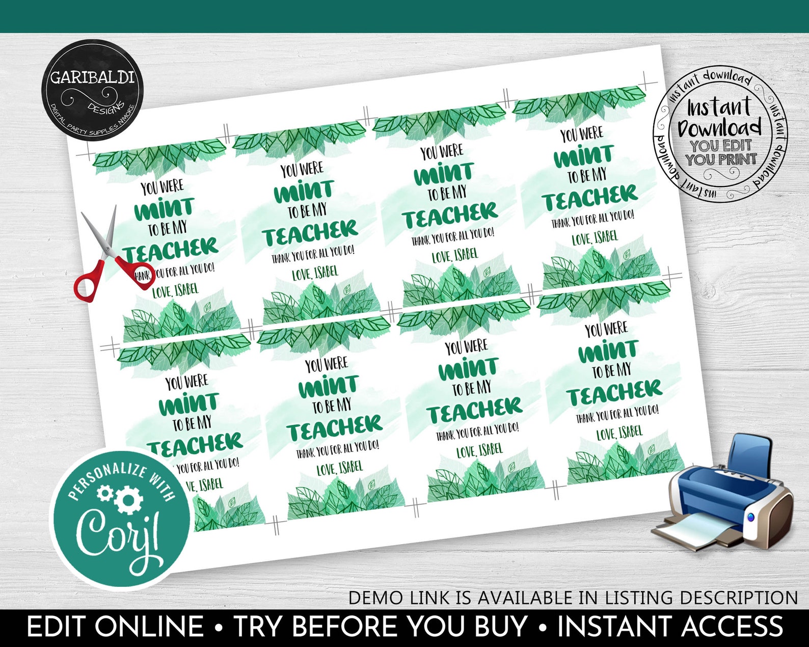 Editable Mint Teacher Tags Printable Mint Tags Thank You - Etsy
