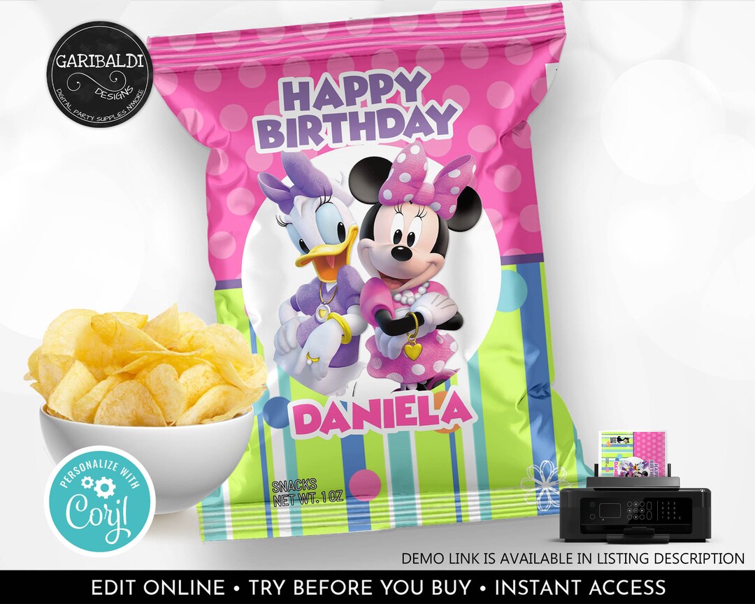 Editable Minnie and Daisy Chip Bags Wrapper Minnie's Bowtique Birthday ...