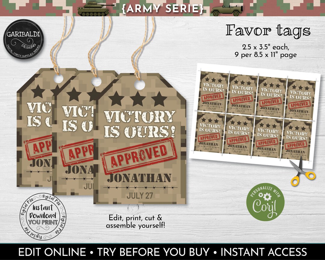 Editable Army Favor Tags Military Gift Tags Instant Download Soldier ...