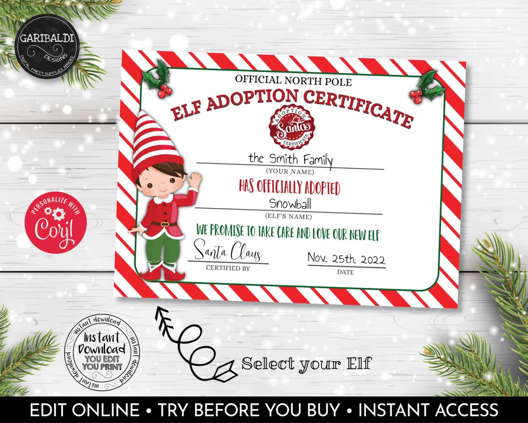 Editable Elf Adoption Certificate Printable Adopt an Elf Certificate ...