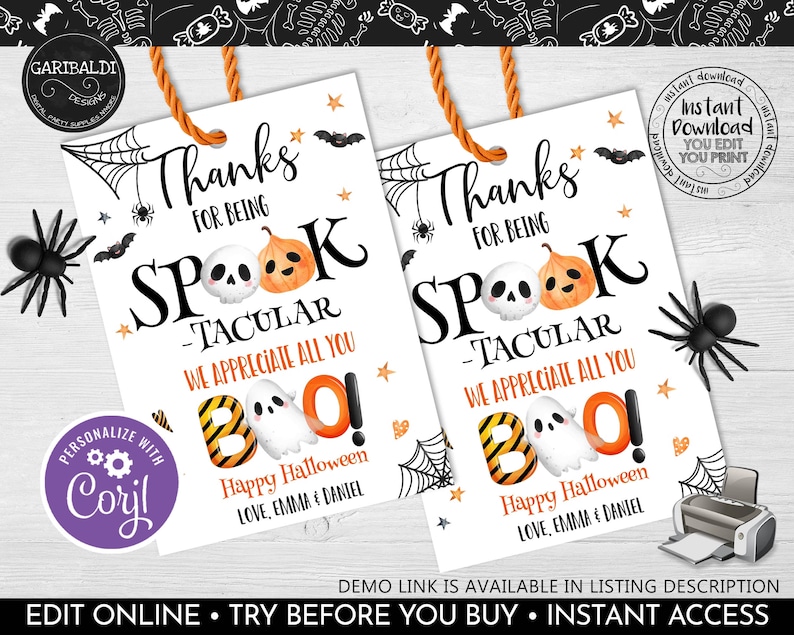 Editable Halloween Appreciation Favor Tags Spooktacular - Etsy