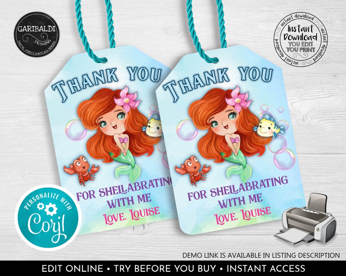 Editable Little Mermaid Favor Tag Mermaid Labels Under the Sea Birthday ...