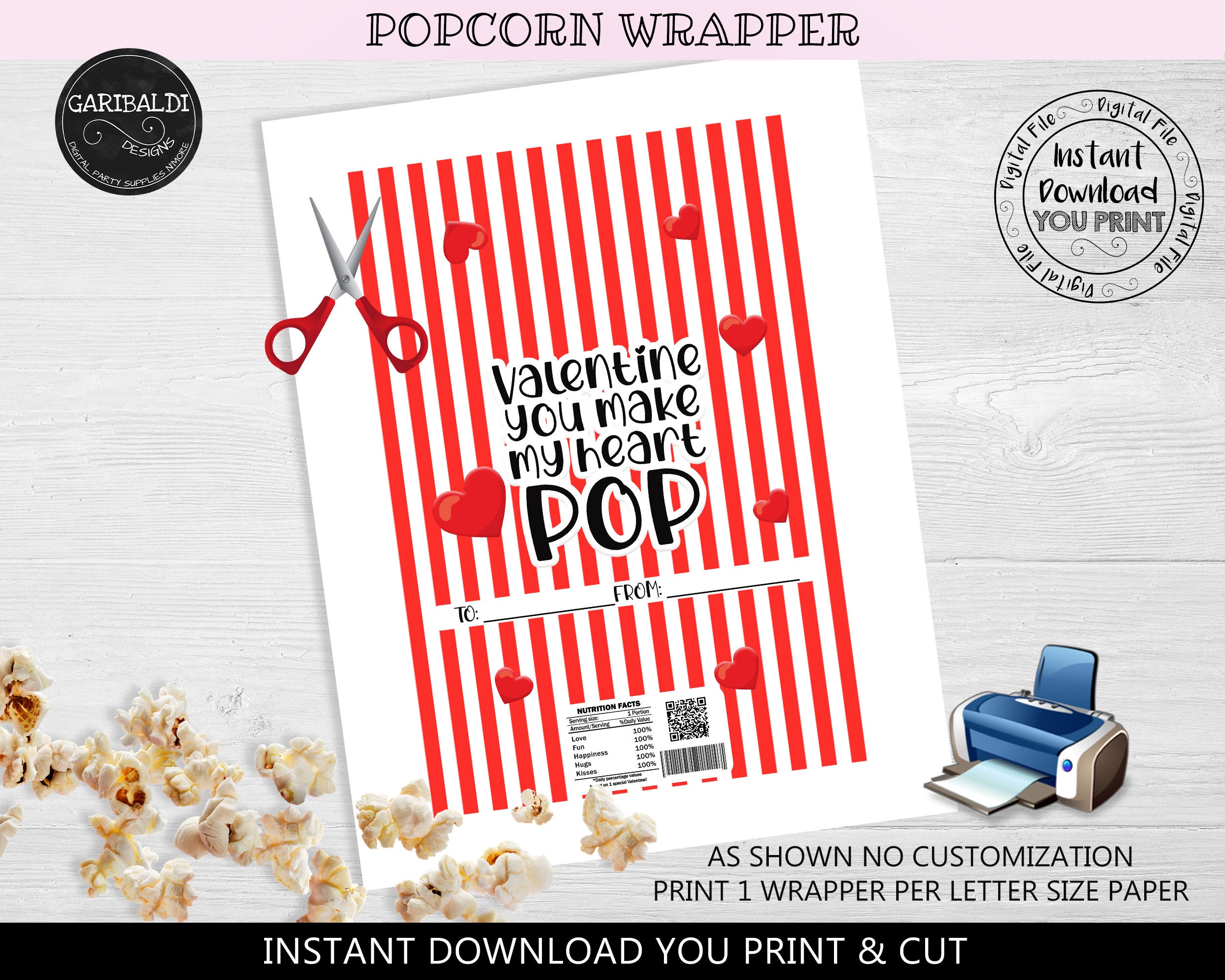 You Make My Heart Pop Valentine's Day Popcorn Wrapper Printable ...