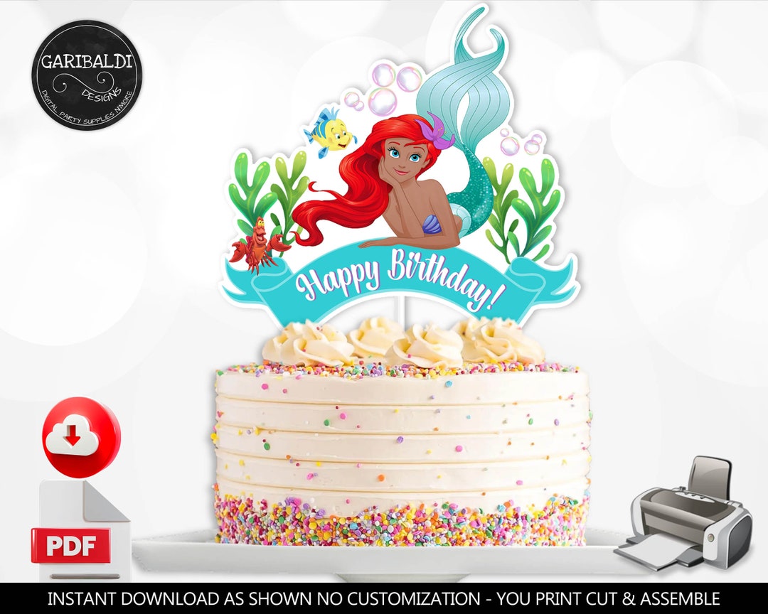 Little Mermaid Happy Birthday Cake Topper Printable Mermaid Centerpiece ...