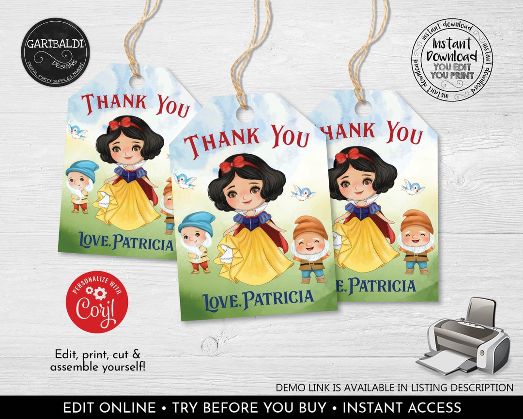 Editable Snow White Favor Tags Printable Snow White Gift Tags Snow ...
