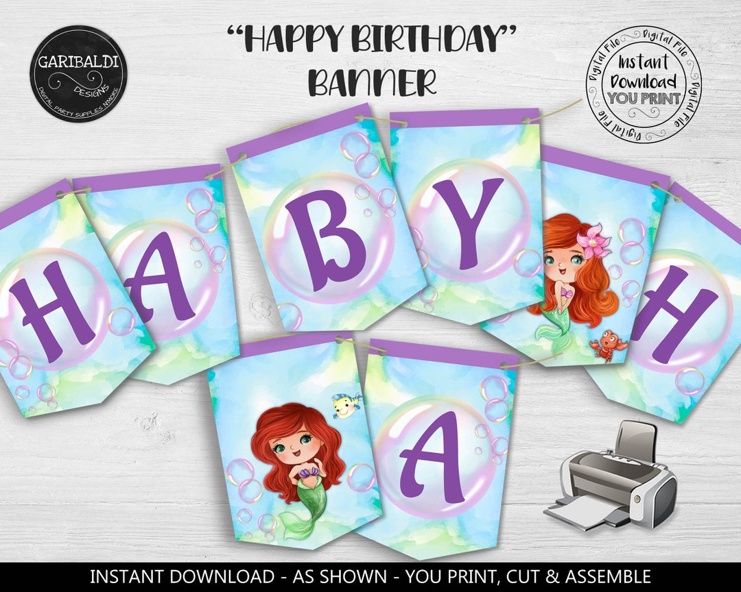 Happy Birthday Mermaid Pennant Banner Printable Under the Sea Banner ...
