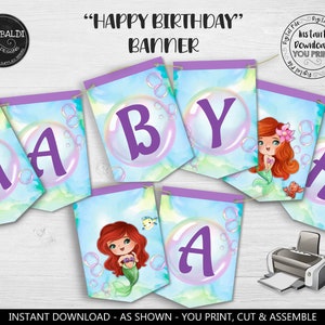 Happy Birthday Mermaid Pennant Banner Printable Under the Sea Banner ...