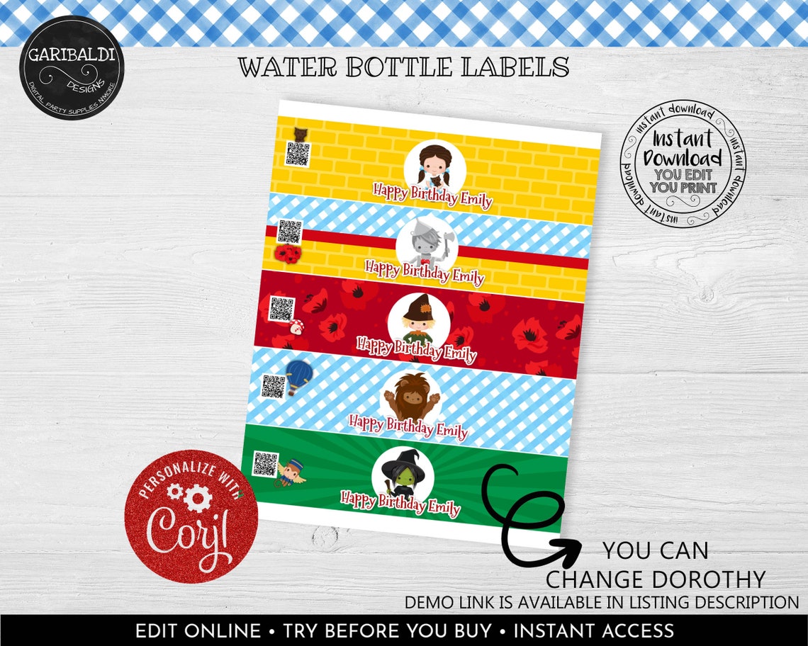 Editable Wizard of Oz Water Bottle Labels Wizard of Oz | Etsy