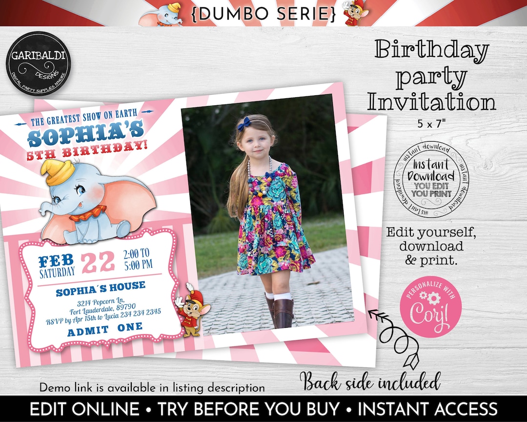 Editable Dumbo Invitation Dumbo Pink Birthday Invitation Dumbo ...