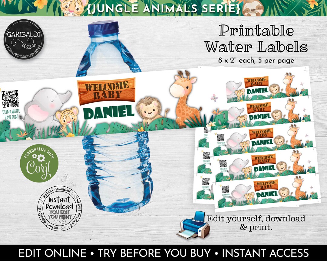 Editable Safari Water Labels Template Instant Download Party Animals ...