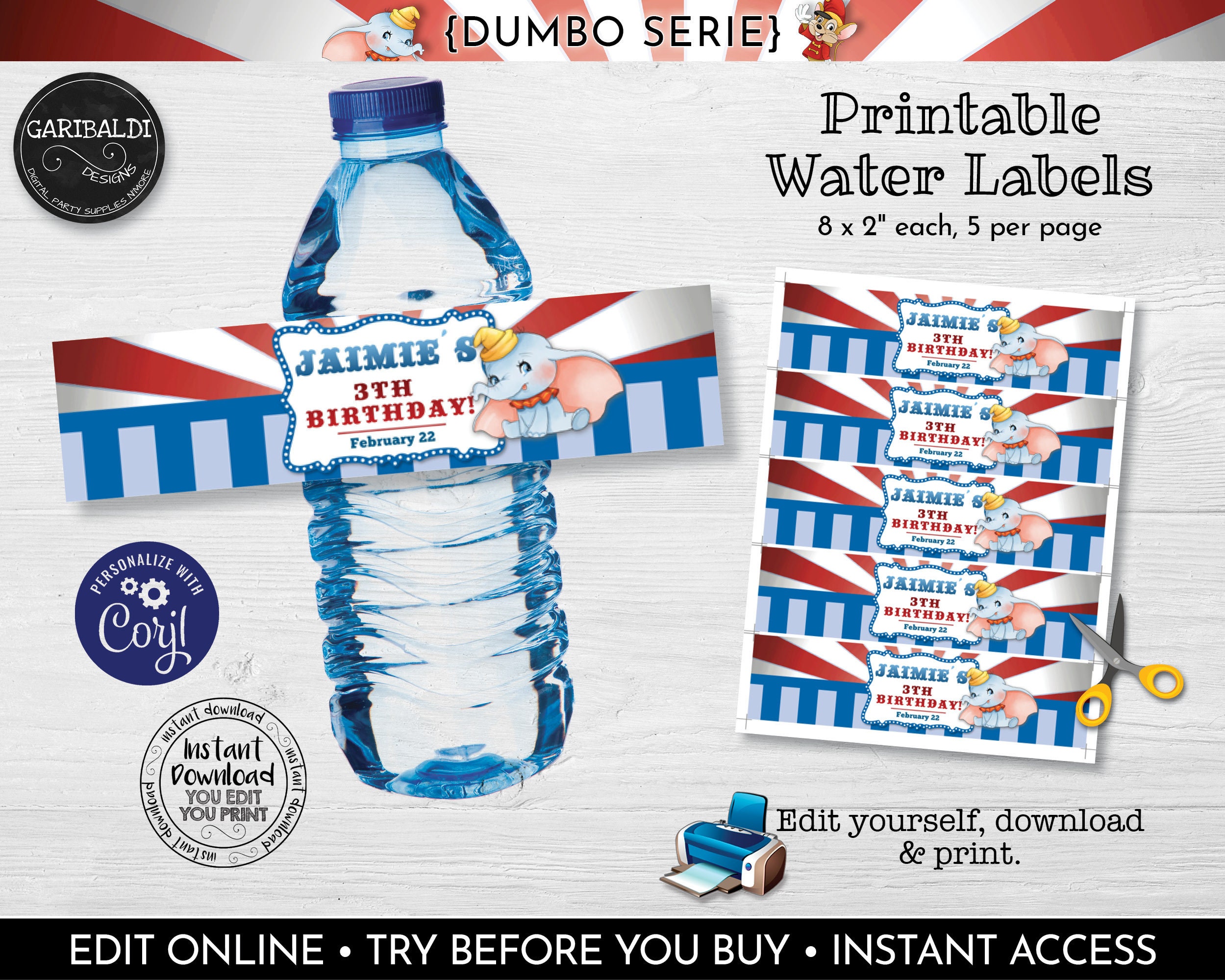 Editable Dumbo Water Bottle Labels Printable Dumbo Circus - Etsy Canada
