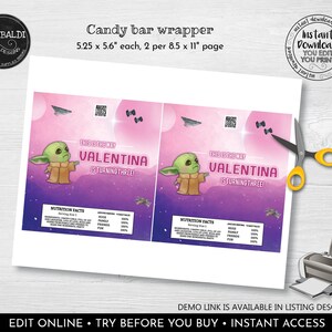 Editable Pink Yoda Candy Bar Wrapper Star Wars Baby Yoda Girl Chocolate ...