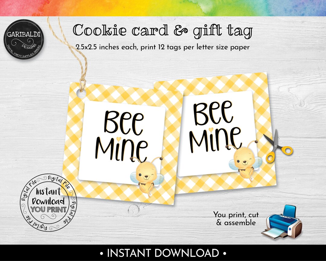 Bee Mine Favor Tag, Printable Valentine's Day Cookie Card, Valentine's ...