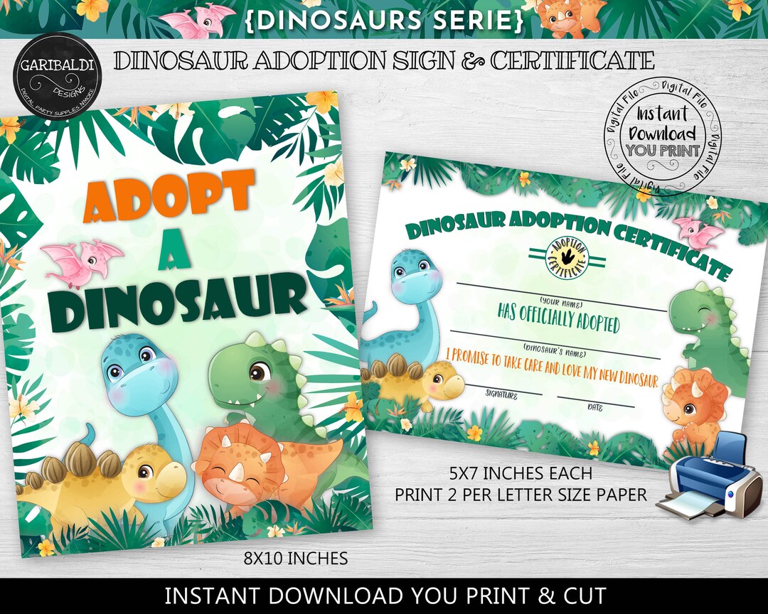 Adopt a Dinosaur Sign & Certificate Dinosaur Adoption Party Instant ...