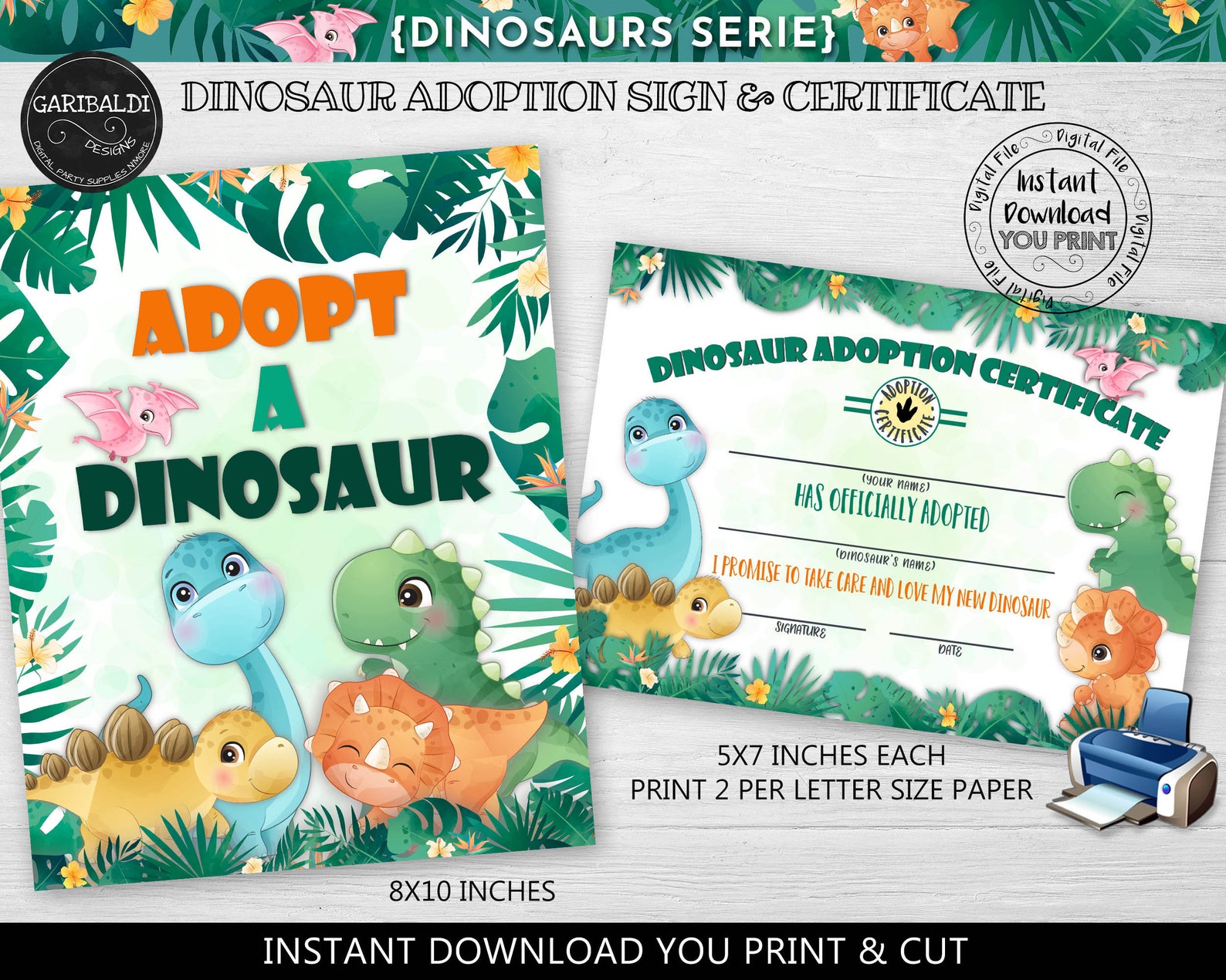 Adopt a Dinosaur Sign & Certificate Dinosaur Adoption Party Instant ...