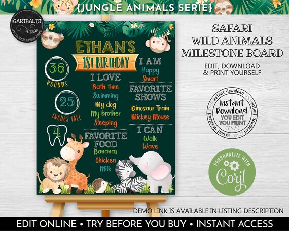 Editable Safari Birthday Milestone Poster Wild One Birthday - Etsy