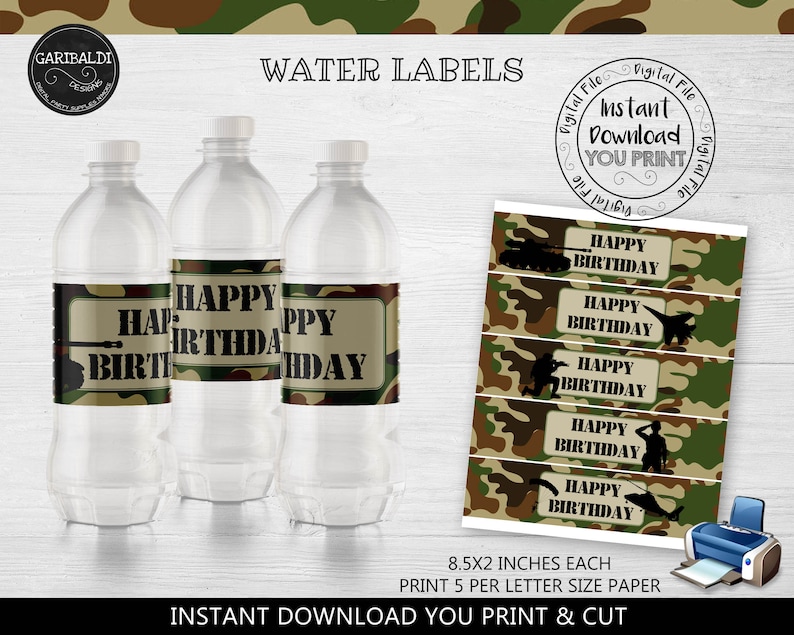 Printable Army Water Bottle Labels Camouflage Water Labels Army Water ...