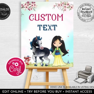 Mulan Custom Sign Editable Welcome Sign Mulan Birthday Princess Party ...