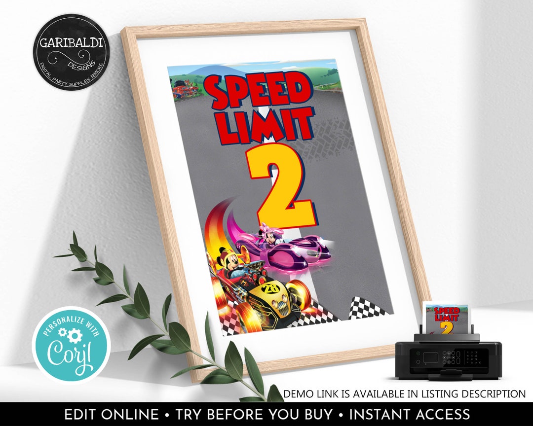 Editable Mickey Roadster Racers Speed Limit Sign Racing Cars Custom ...