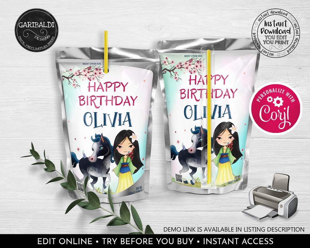 Editable Mulan Juice Pouch Labels Chinese Princess Juice Box Label ...