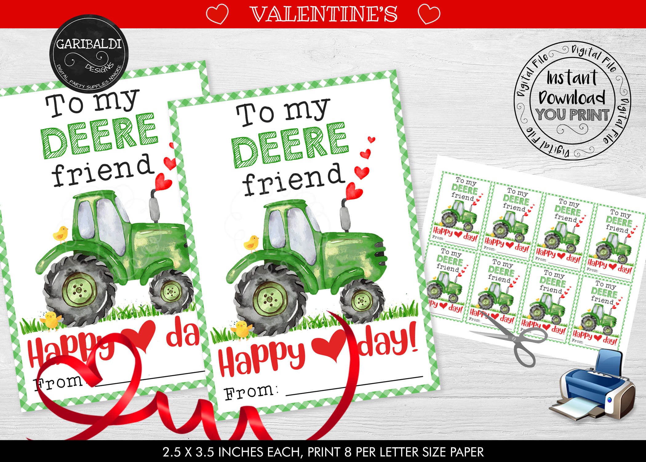 Printable Tractor Valentine's Day Cards Deere Friend | Etsy