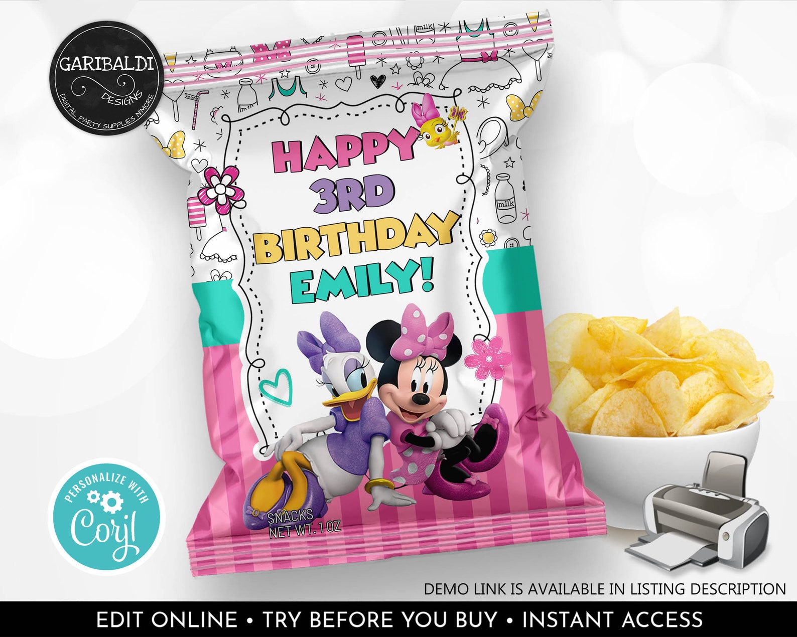 Editable Minnie and Daisy Chip Bag Wrapper Happy Helpers Birthday ...