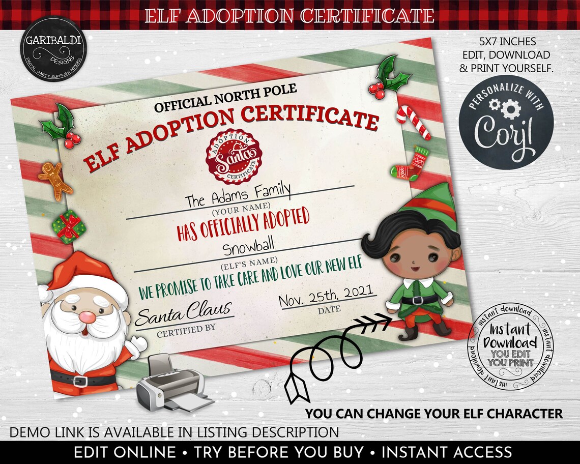 Editable Elf Adoption Certificate Printable Santa's | Etsy