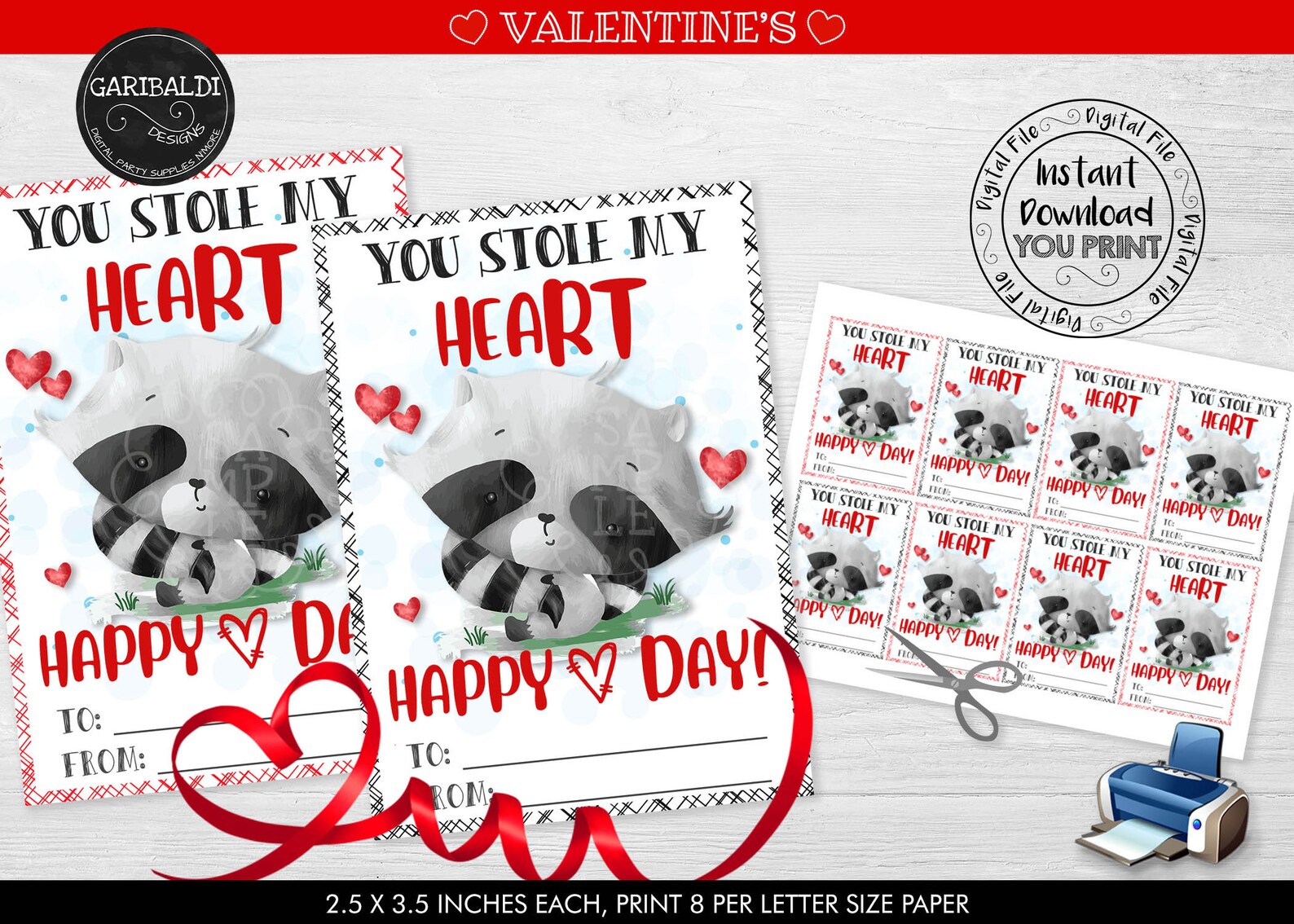 Printable Valentine's day Cards Racoon Valentine's | Etsy