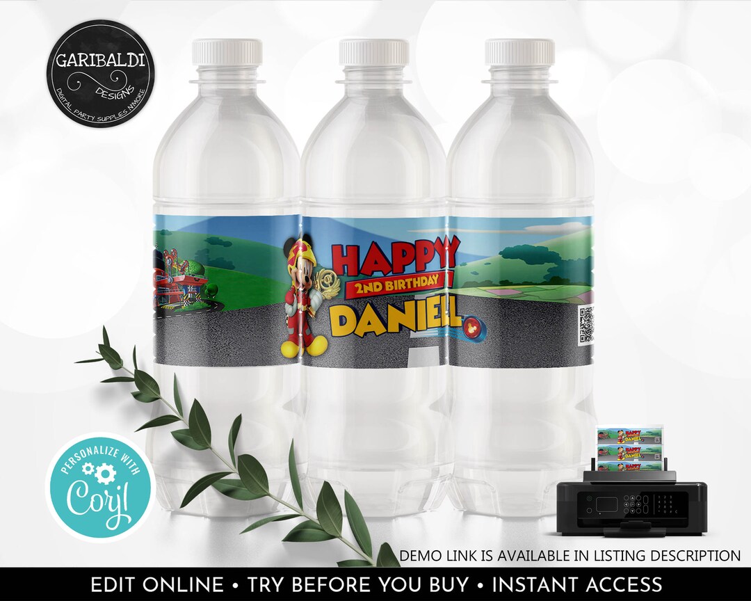 Editable Mickey Roadster Racers Water Bottle Label Racing Cars Favors ...