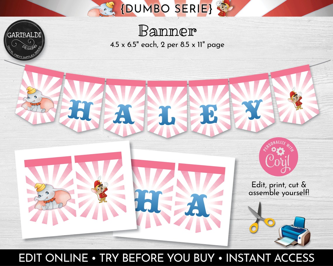 Editable Dumbo Pennant Banner Printable Dumbo Banner Pink Circus Dumbo ...