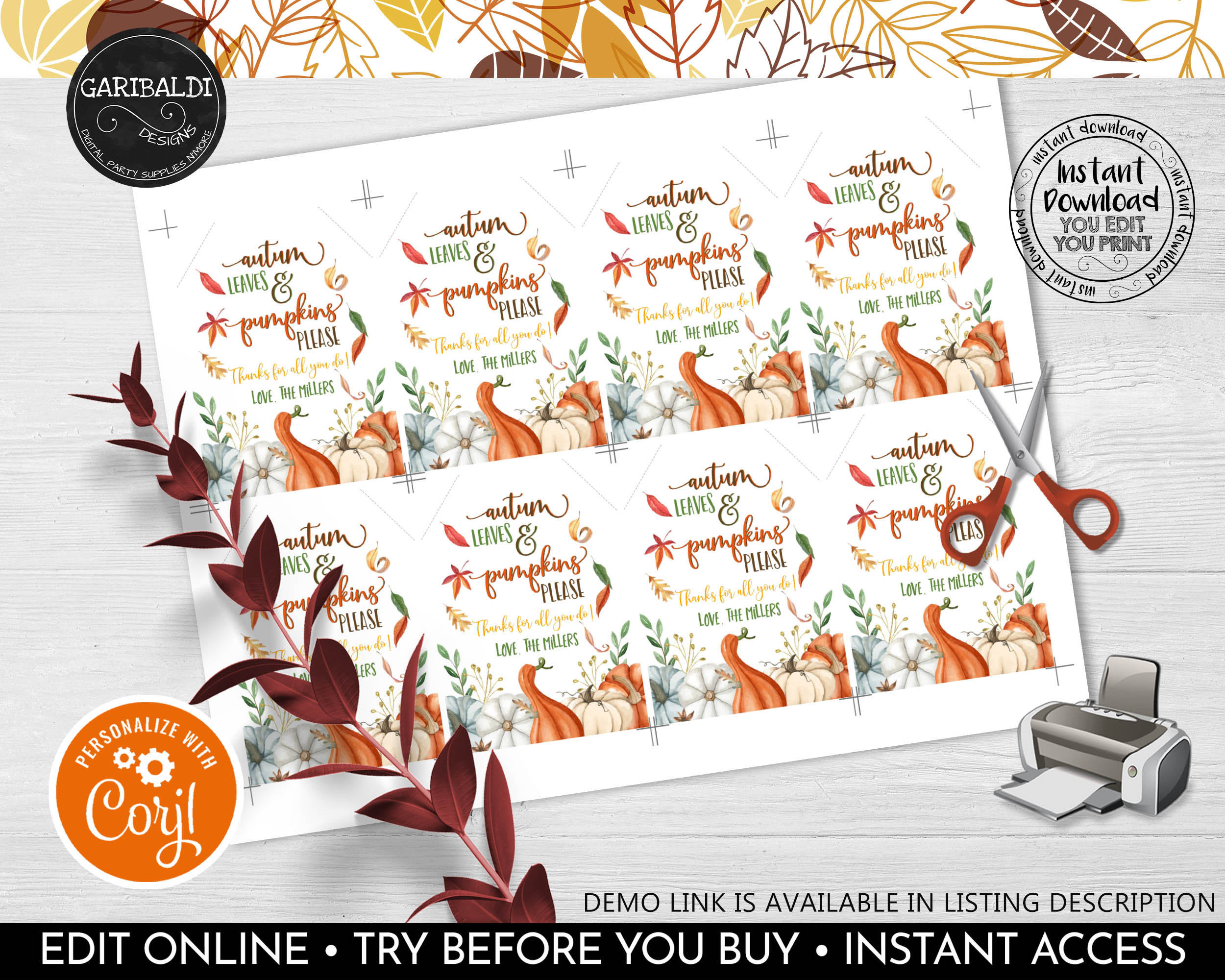 Editable Thanksgiving Favor Tags Autumn Gift Tag Printable Thank You ...