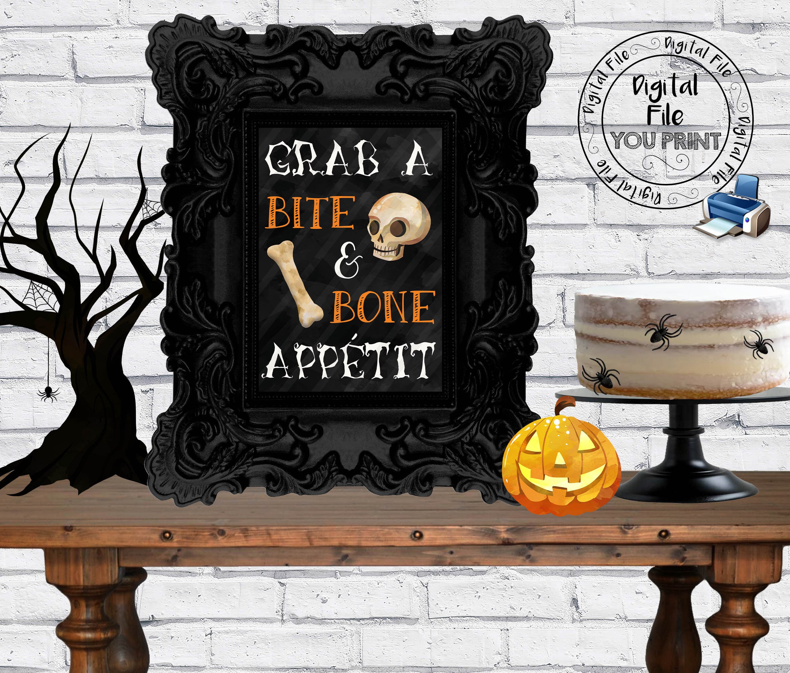 Printable Grab a bite & bone appétit sign Digital Halloween | Etsy