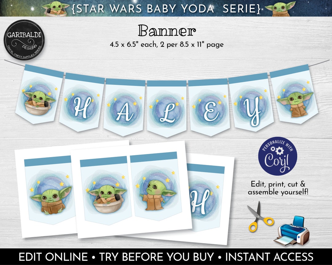 EDITABLE Star Wars Yoda Pennant Banner Star Wars Baby Yoda Baby Shower ...