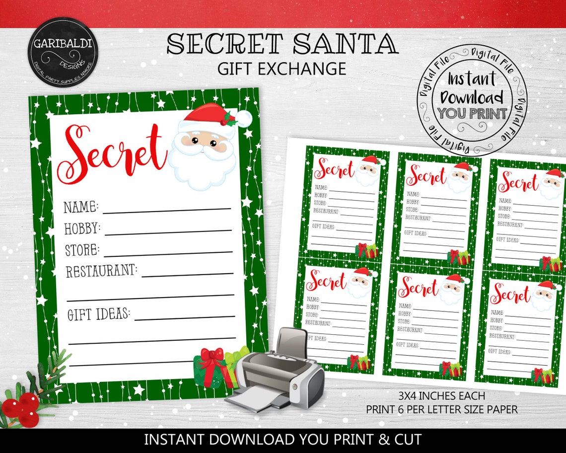 Secret Santa Questionnaire Card Secret Santa Printable Cards - Etsy