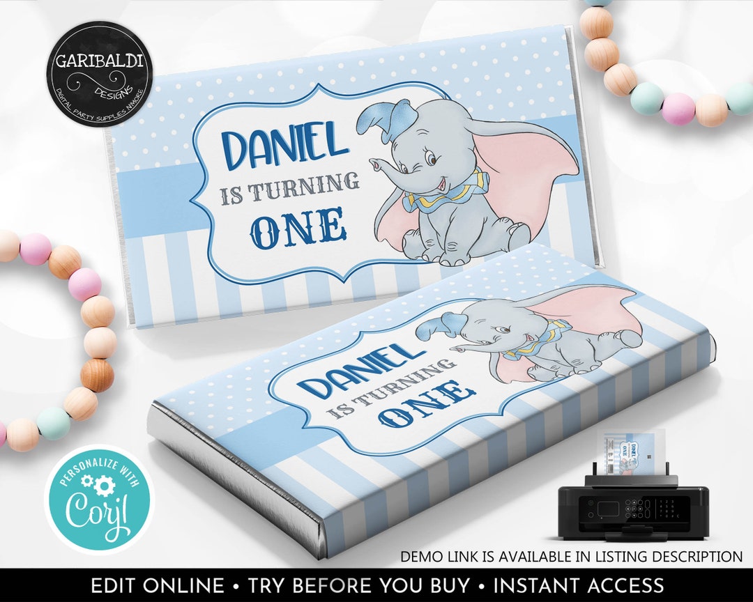 Editable Dumbo Candy Bar Wrapper Blue Elephant Baby Shower Chocolate ...