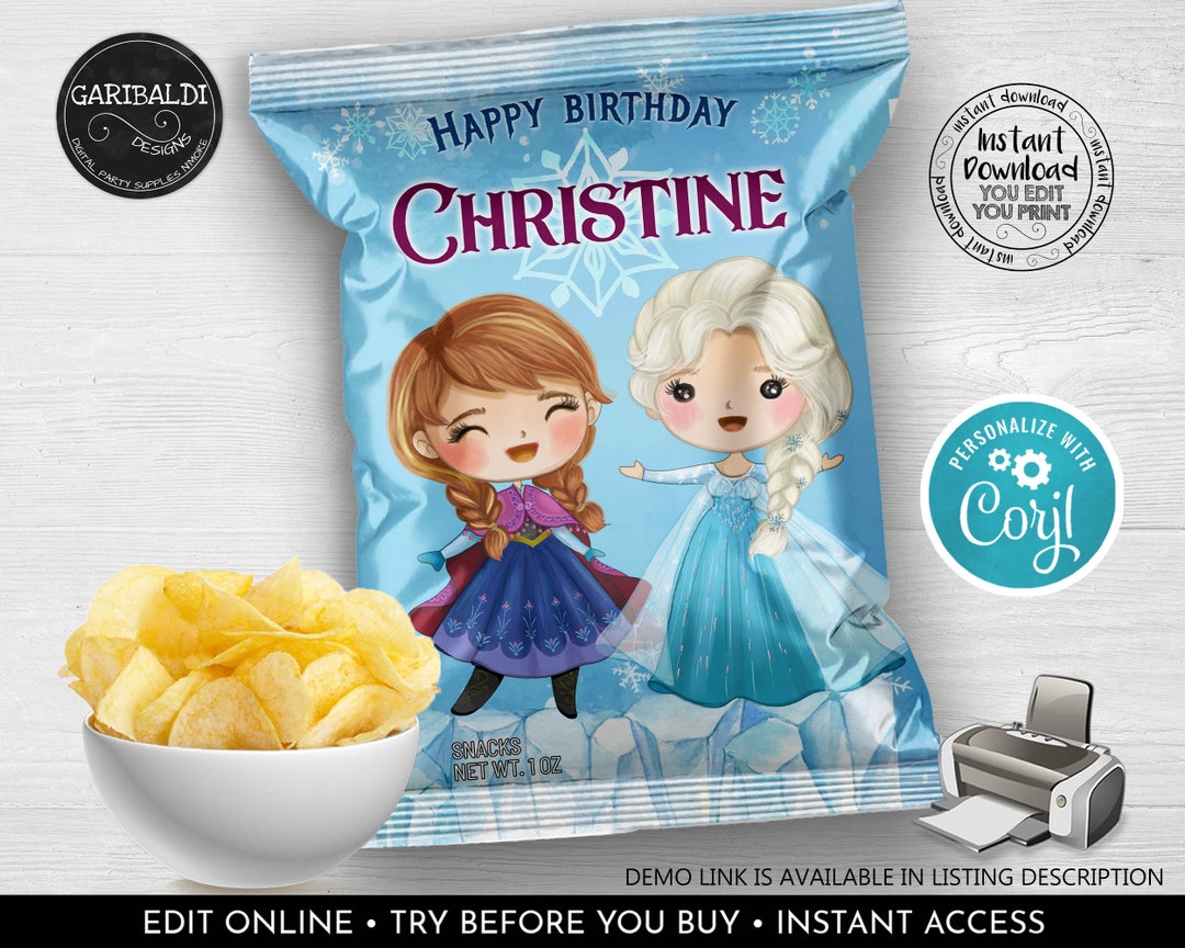 Frozen Chip Bag Wrapper Editable Snow Queen Potato Chip Bag Template ...