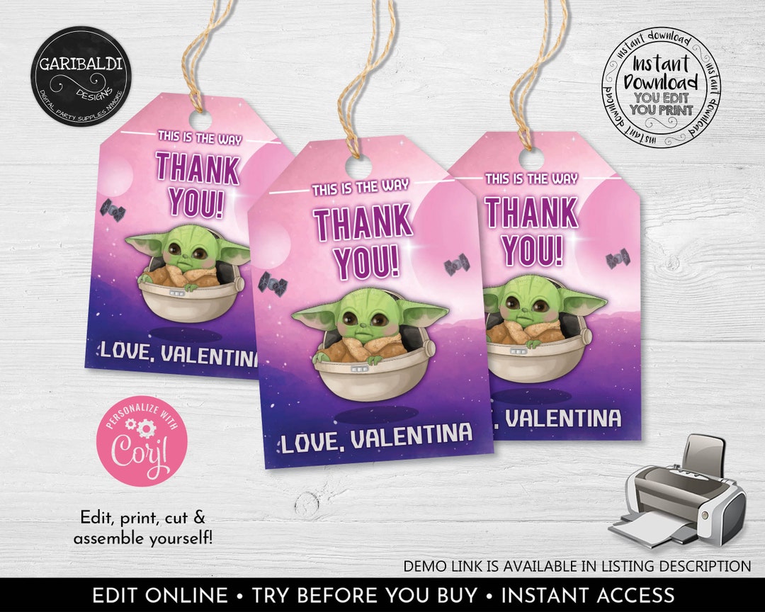 Editable Pink Yoda Favor Tags Printable Space Baby Gift Tags Star Wars ...
