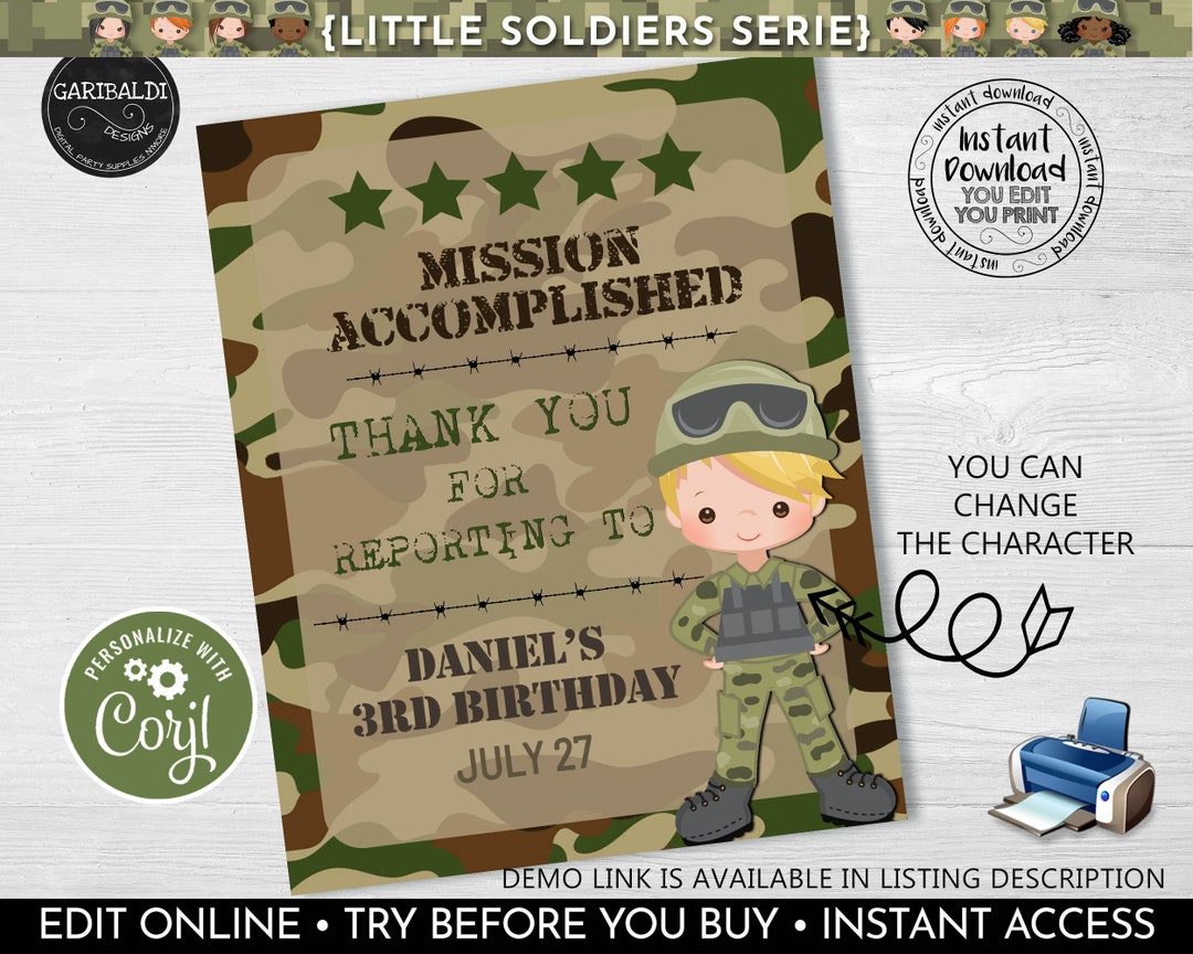 Editable Army Birthday Party Sign Soldier Thank You Poster Military ...