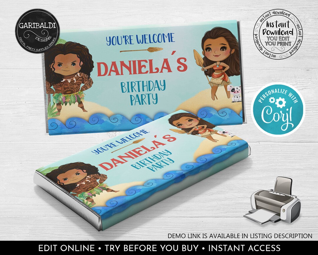 Editable Moana Candy Bar Wrapper Maui Chocolate Bar Labels Hawaiian ...