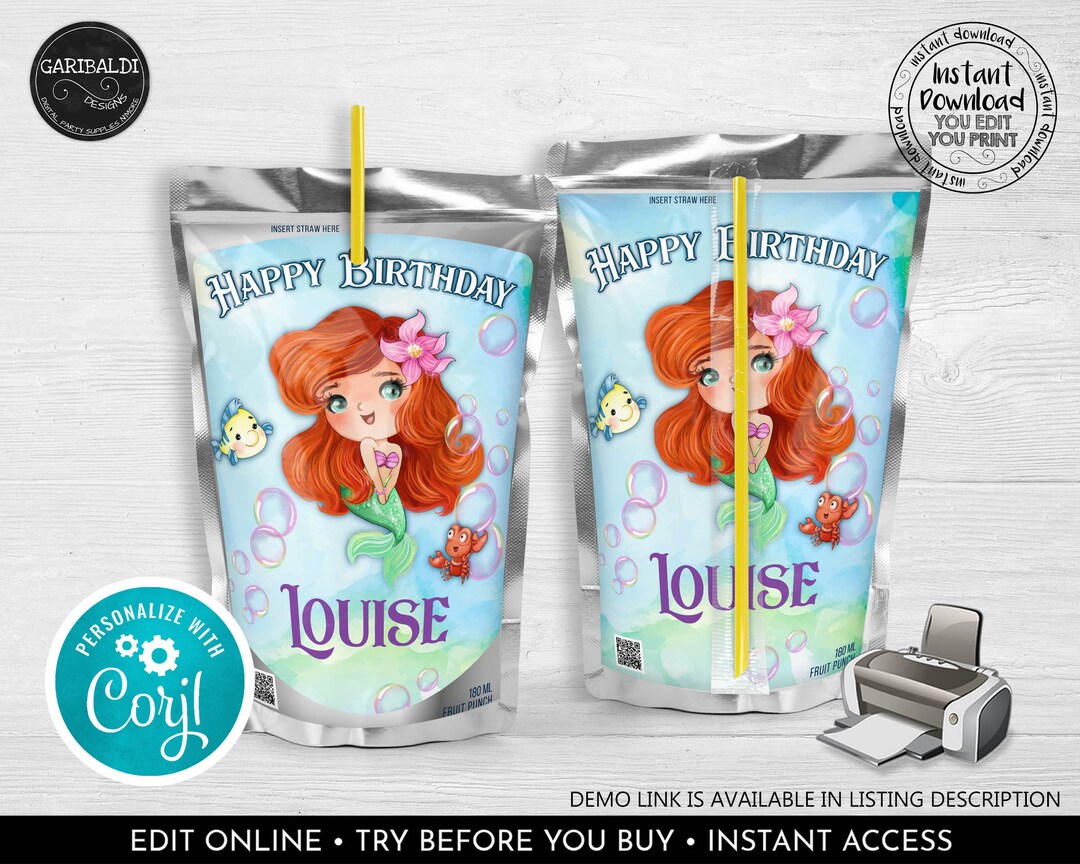 Editable Little Mermaid Juice Pouch Labels Mermaid Juice Box Label ...
