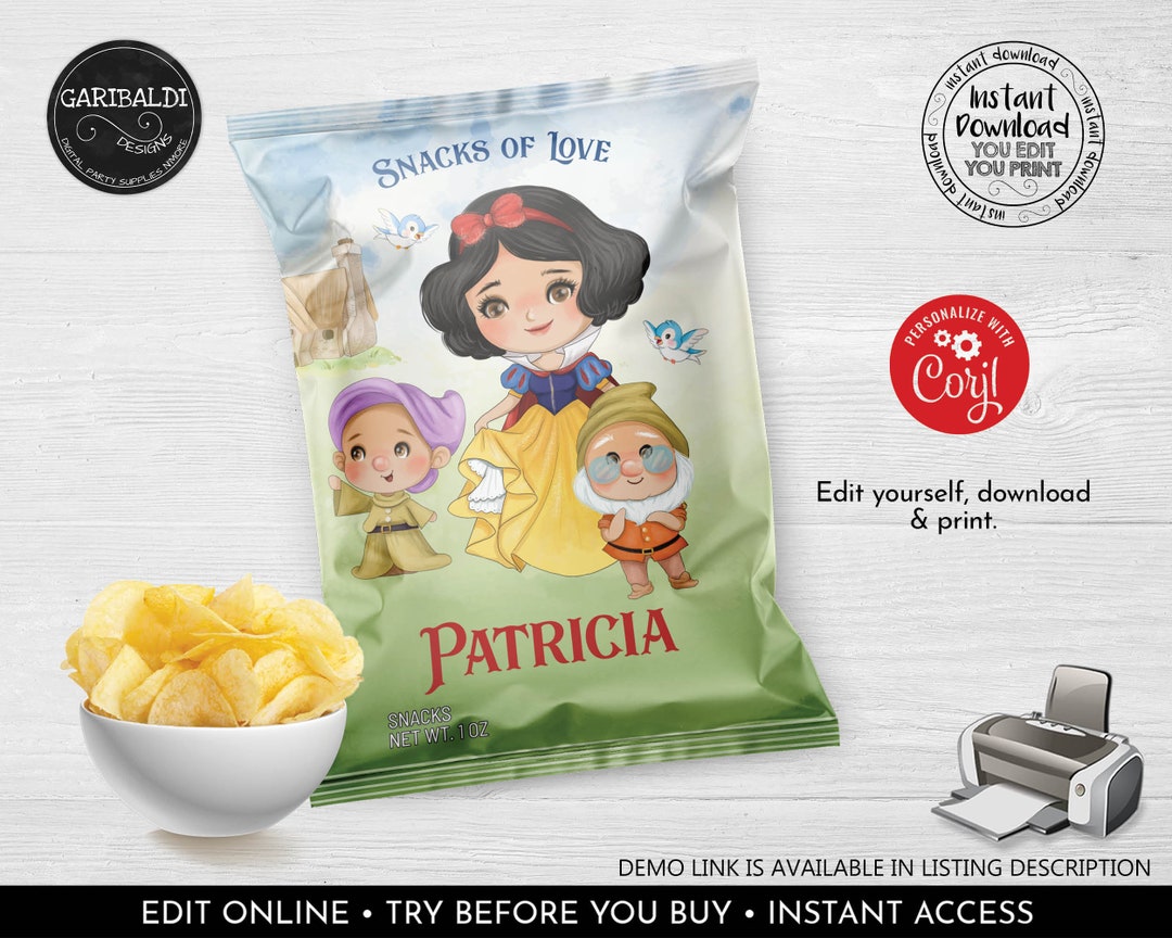 Editable Snow White Chip Bag Wrapper Printable Snow White Potato Chip ...