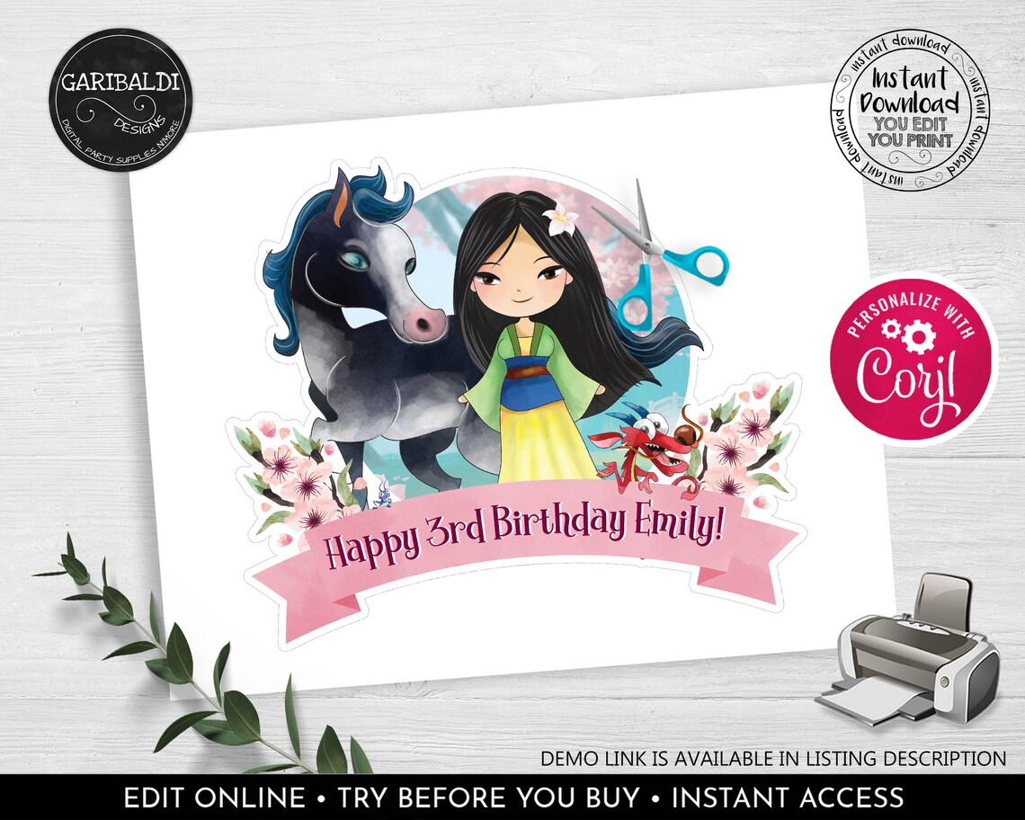Printable Mulan Cake Topper Editable Mulan Birthday Party Supplies ...