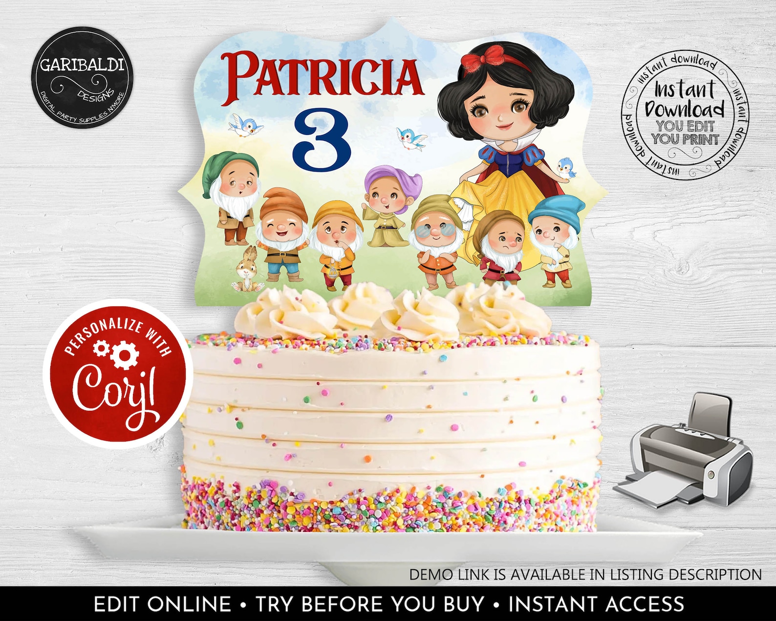 Editable Snow White Cake Topper Printable Snow White - Etsy