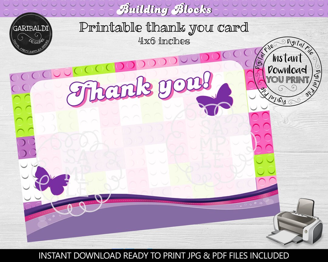 Printable Building Blocks Thank You Card, Girl Building Blocks Birthday ...