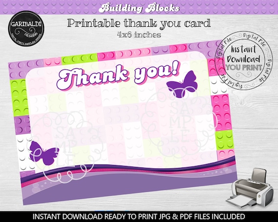 Printable Building Blocks Thank You Card Girl Building Blocks | Etsy