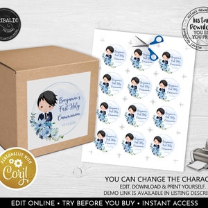 Editable First Communion Labels Printable Blue Flowers Girl Boy First ...