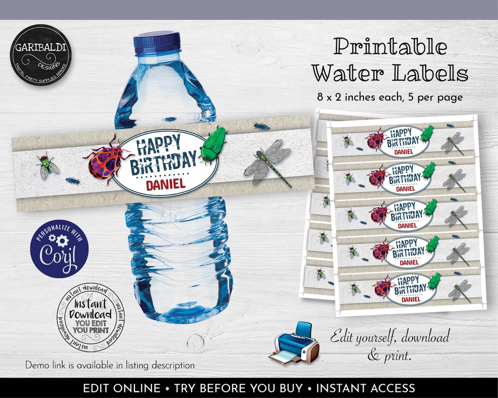 Editable Water Bottle Labels Insects Water Bottle Labels | Etsy