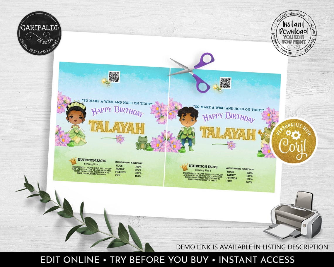 Editable Princess and the Frog Chocolate Bar Labels Tiana - Etsy